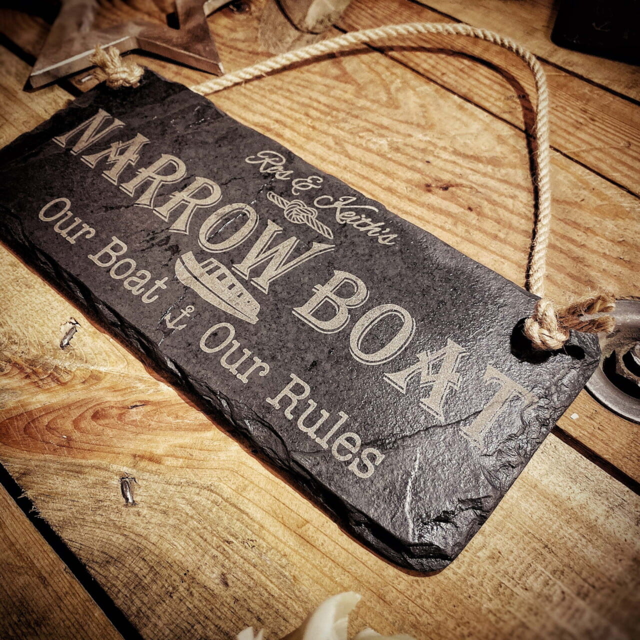 Personalised Slate Narrow Boat Hanging Sign – 25x12cm - Platters Slate