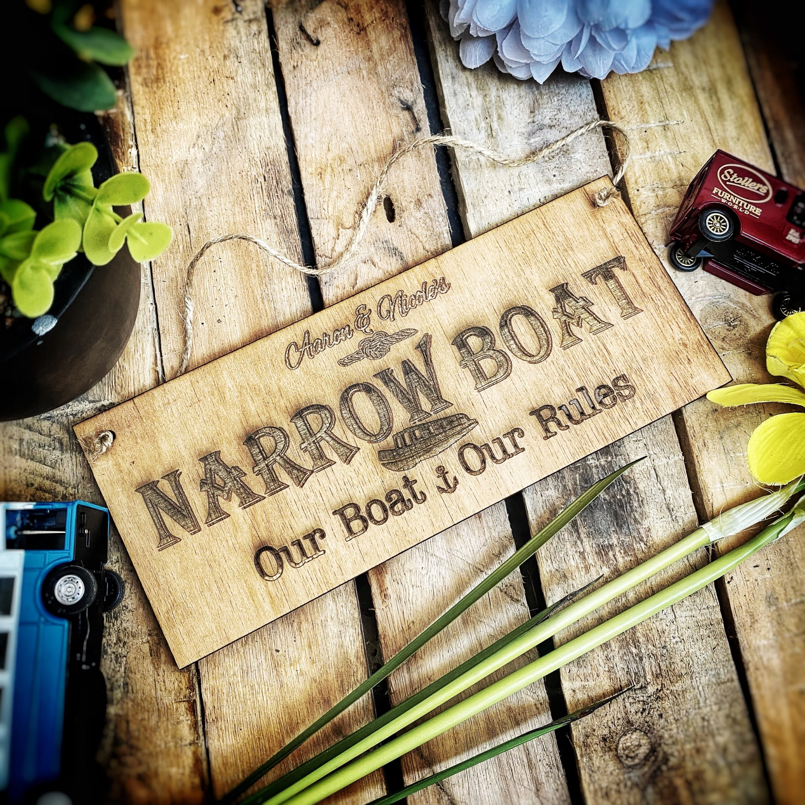 Personalised Wooden Narrow Boat Hanging Sign – 25x12cm - Platters Slate