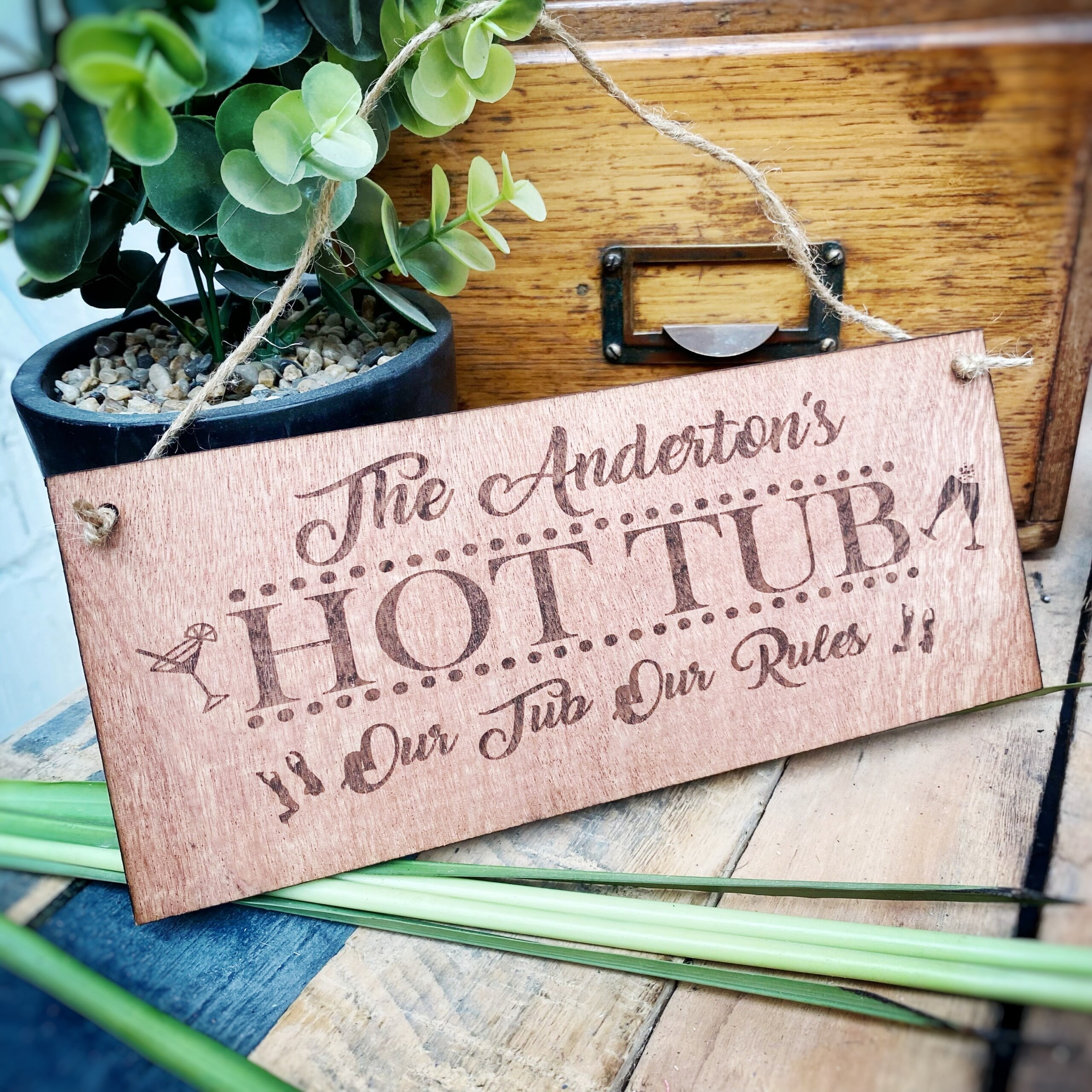 Personalised Hot Tub Hanging Wooden Sign - 25x12cm - Platters Slate